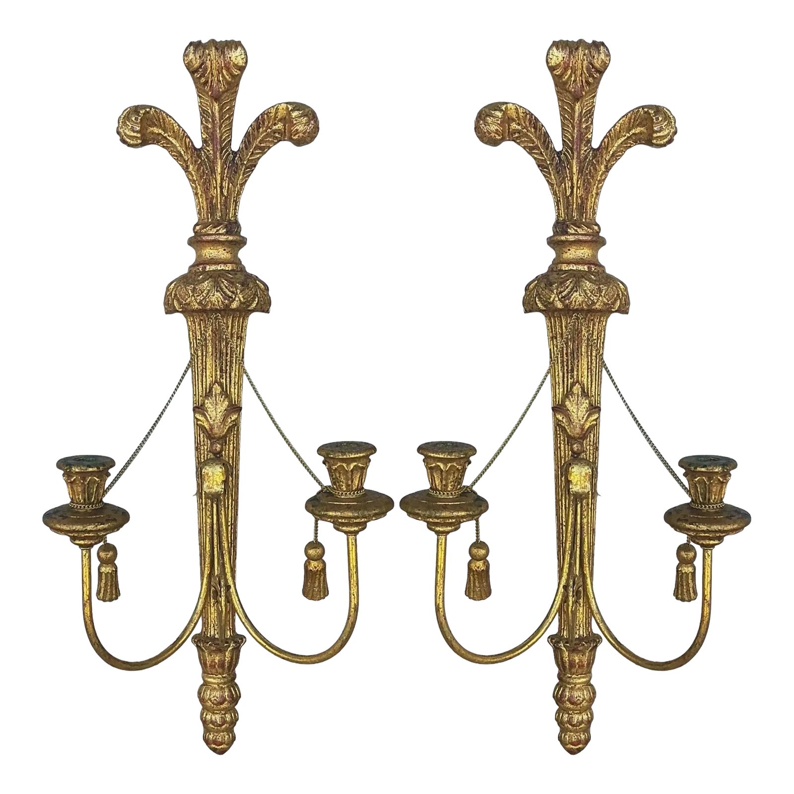 Large Scale Italian Regency Style Giltwood Sconces - Tassels / Feathers ...