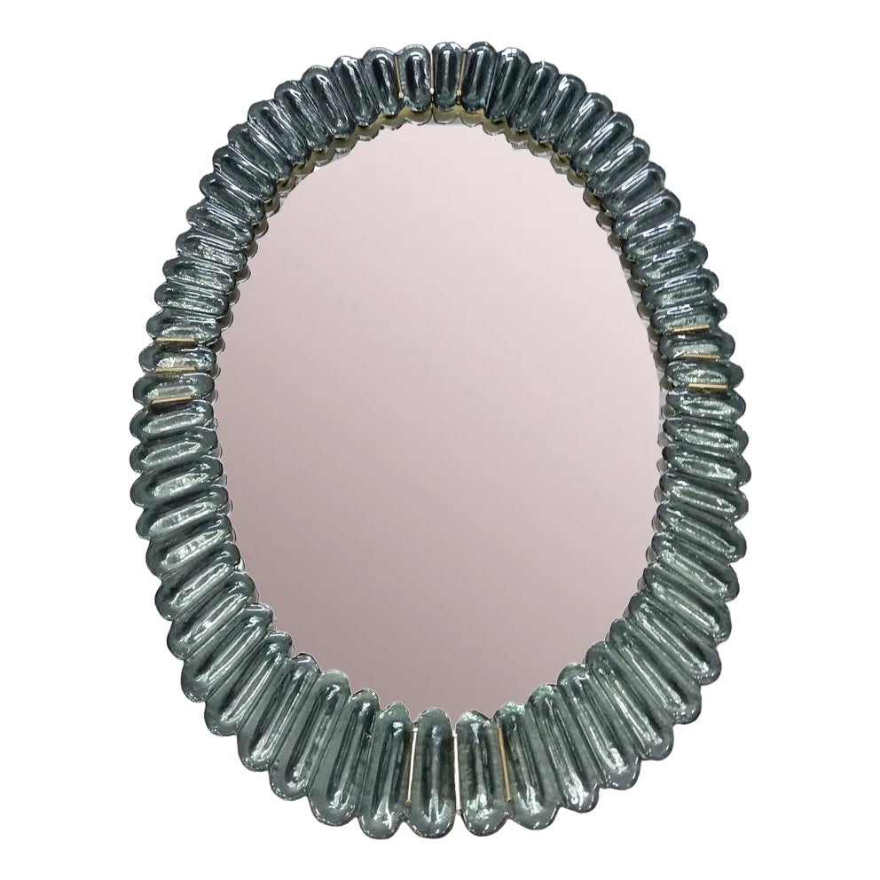 Mid-Century Style Oval Wall Mirror in Murano Glass and Brass, 2000s ...
