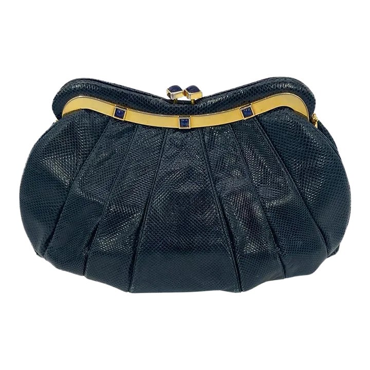 Judith Leiber Navy Lizard Lapis Stone Clutch | Chairish