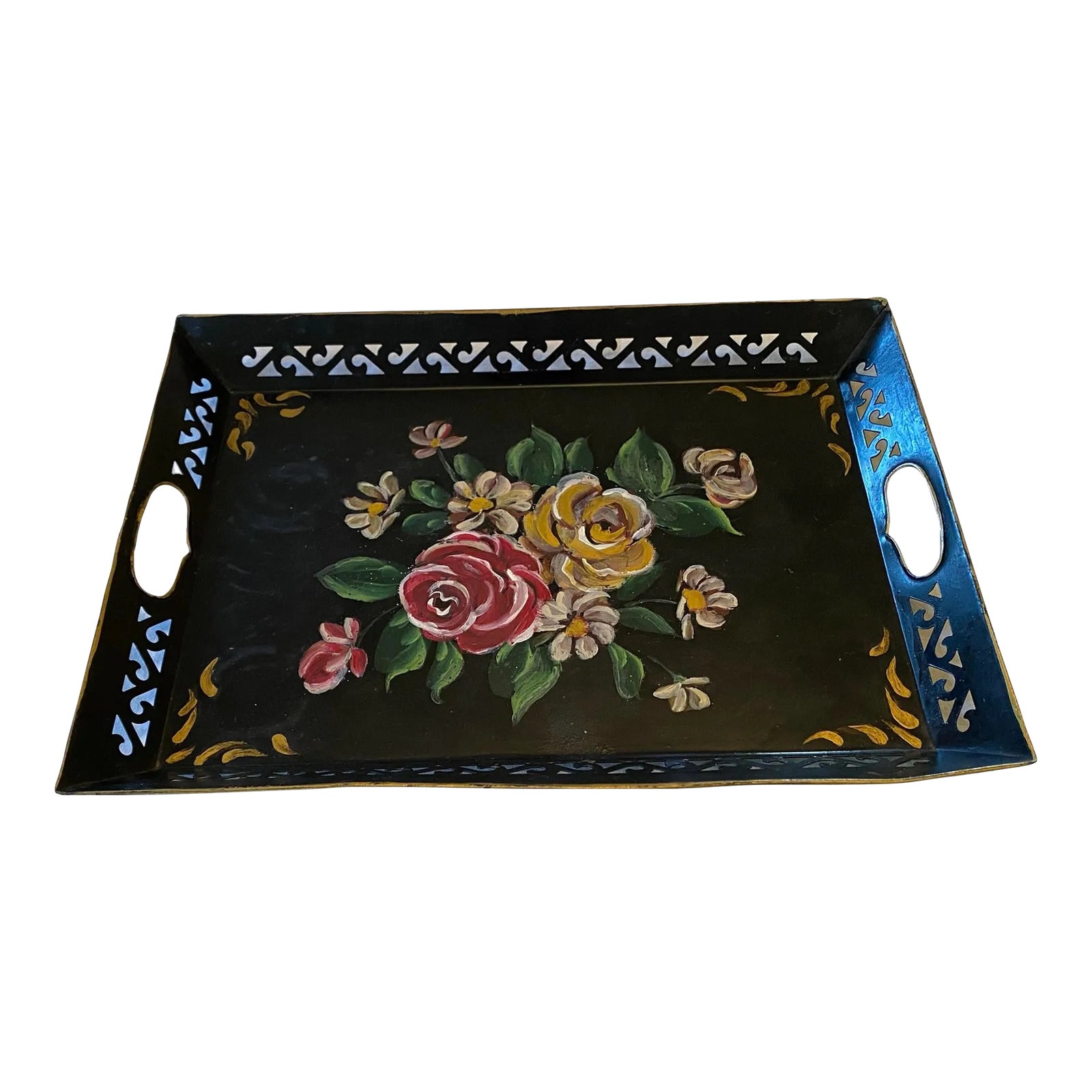Vintage Black Hand Painted Tole Rectangular Tray With Roses Design ...