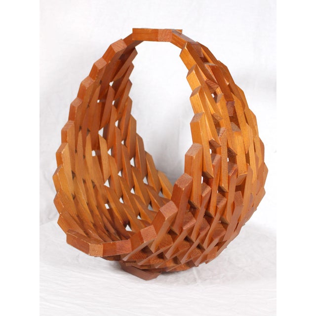 1970's Handmade Abstract Geometric Wood Basket | Chairish