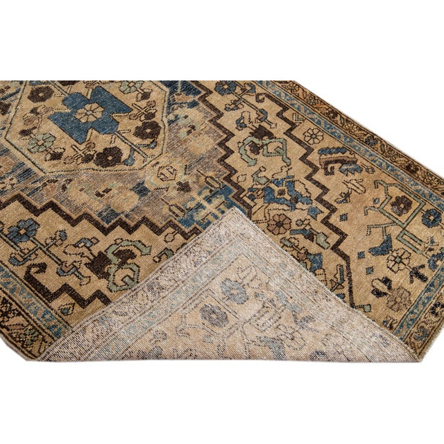 1960s Vintage Persian Distressed Handmade Geometric Tan Wool Rug | Chairish