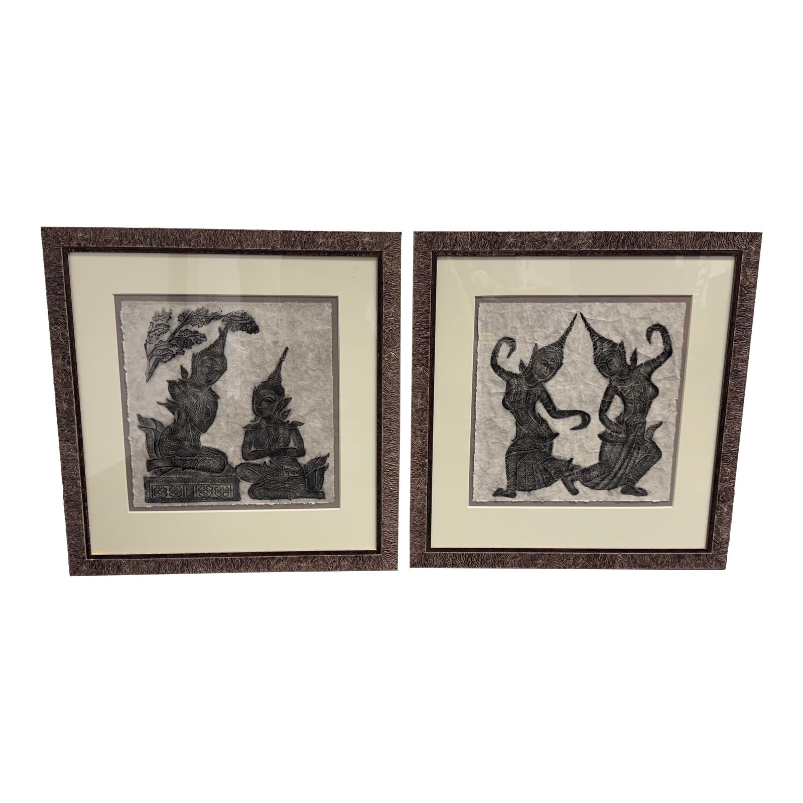 Cambodian Temple Rubbing Art Works, Pair | Chairish