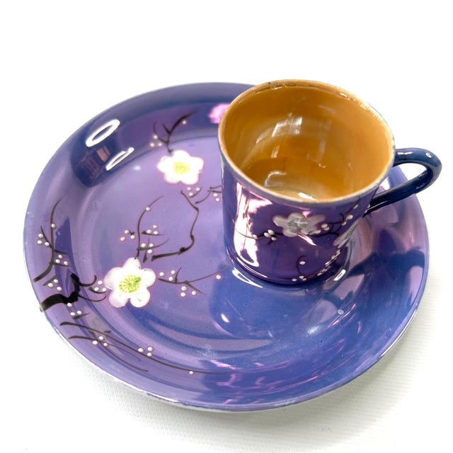1990s Japanese Blue & Gold Lusterware Espresso Cups & Saucers with Hand ...