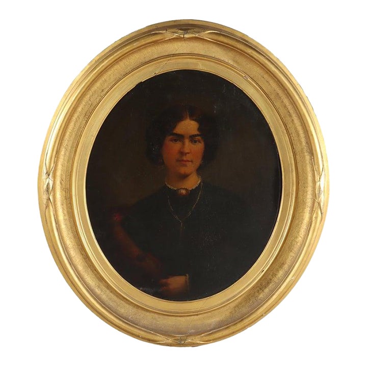 1880 Oversized Oil on Canvas Portrait of a Spanish Woman, Giltwood ...