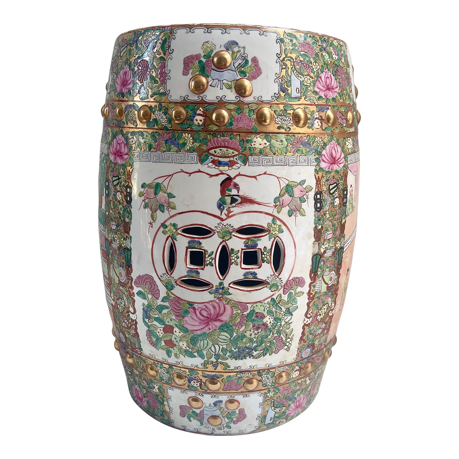 Chinese Export Chinoiserie Rose Medallion Garden Stool | Chairish