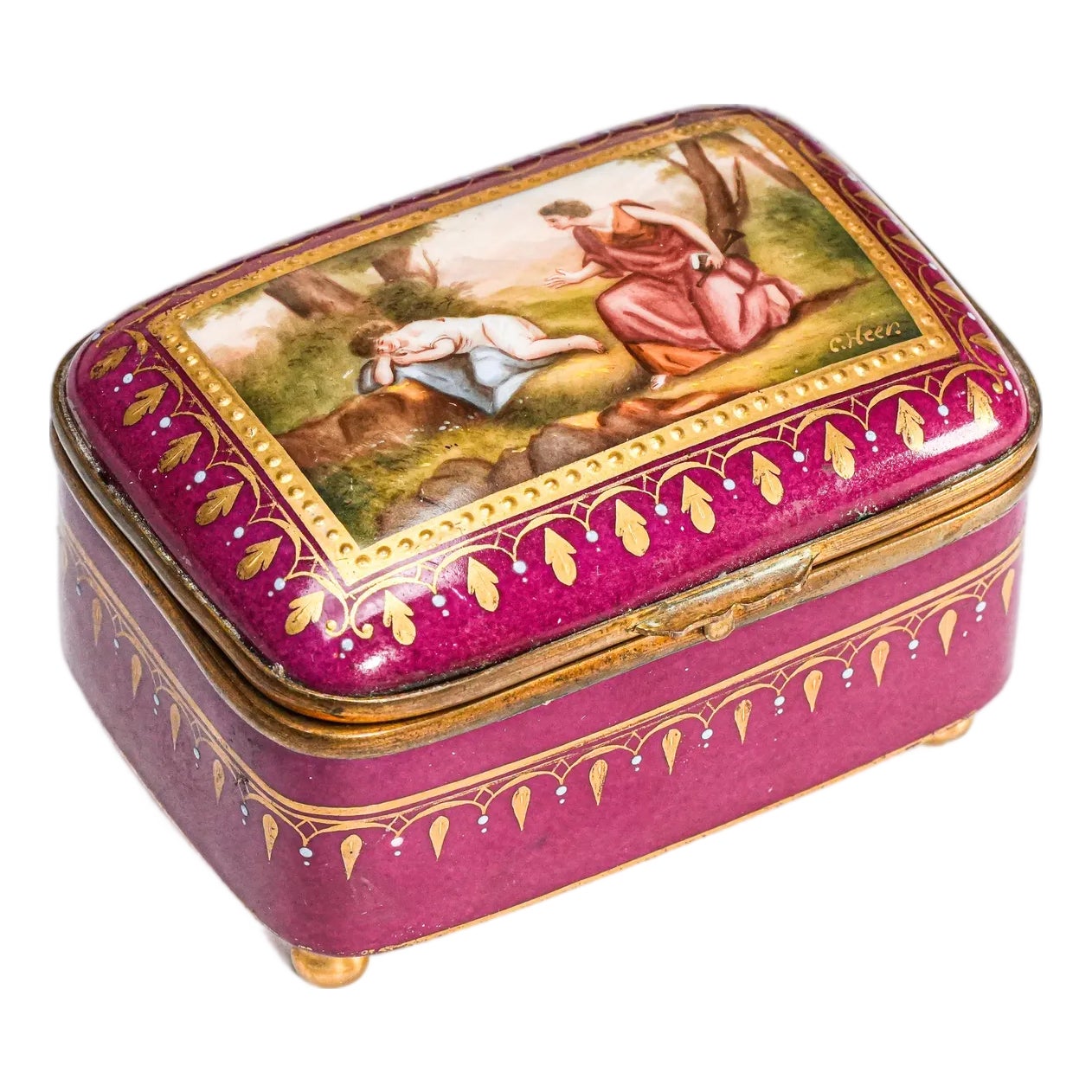 Quality Hand Painted Antique Porcelain Trinket Jewelry Box | Chairish