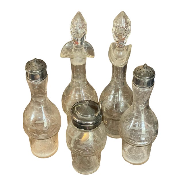 Antique Meriden B Company 5 Piece Condiment Set, Etched Glass, Spoon ...