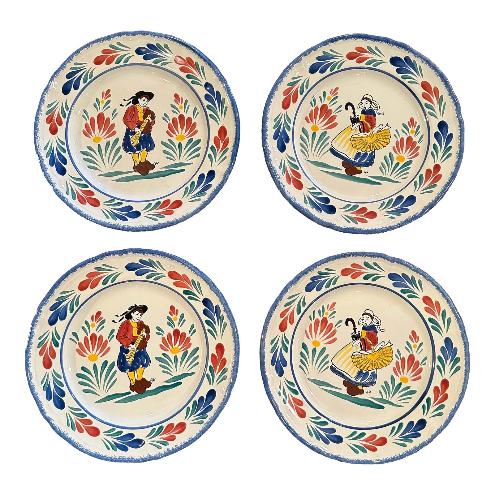 Mid-Century French Hand Painted Quimper Plates Stamped Pornic, Set of 4 ...