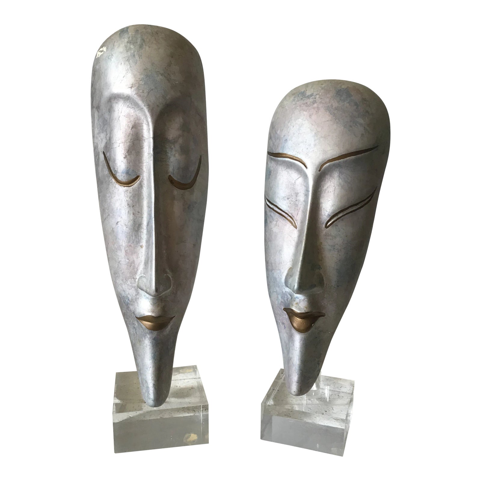 Ceramic Masks on Lucite Stands, Pair | Chairish