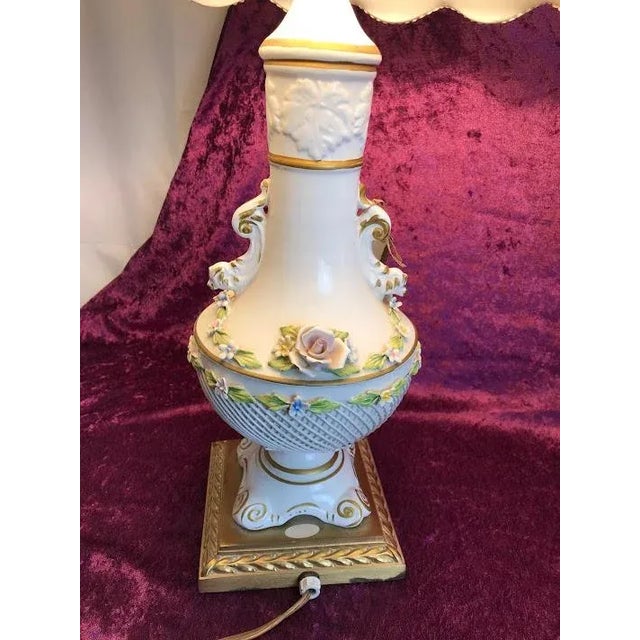 Vintage Pair of Capodimonte Lamps With White Ruffled Shades | Chairish