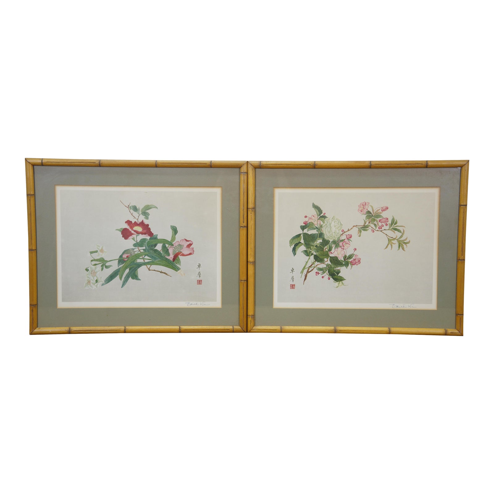 Early 20th Century 2 Edith Huang Wu Chinese Floral Lithograph Prints ...