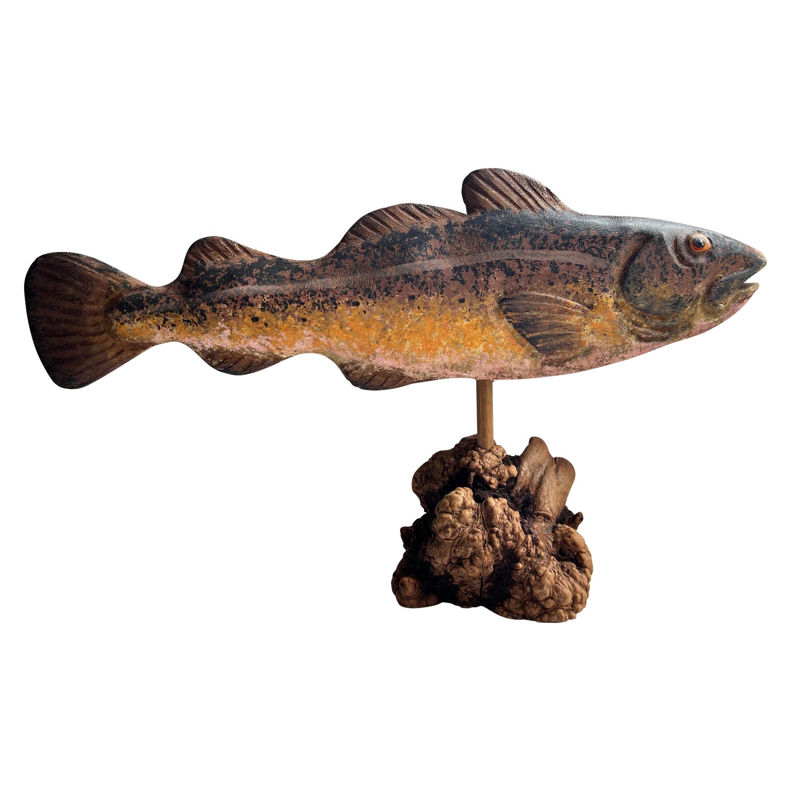 Vintage Hand Carved and Painted Wooden Fish Mounted on Driftwood | Chairish