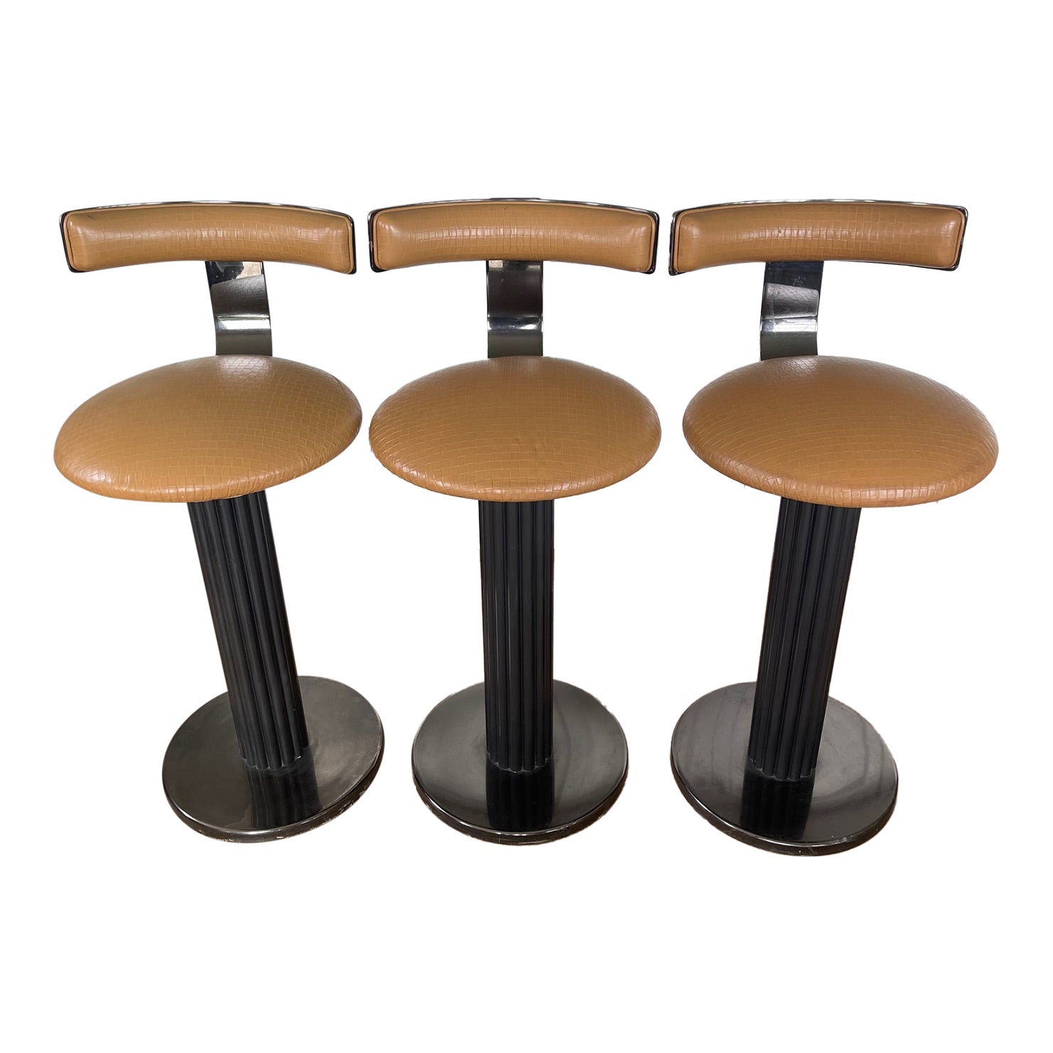 1980s Design for Leisure Metal Bar Stools With Leather Seats- Set of 3 ...