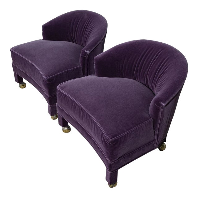 Pair of Upholstered Chairs in Violet Purple Velvet on Brass Rollers ...
