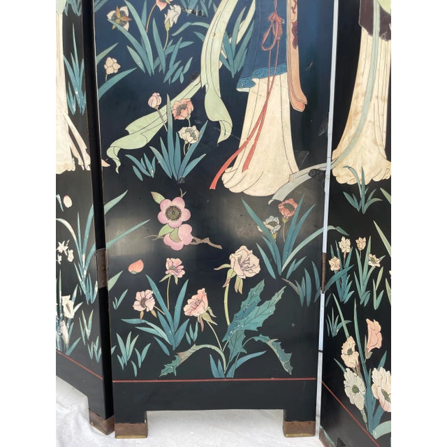 Chinoiserie 4-Panel Folding Black Lacquer Geisha Japanese Screen | Chairish