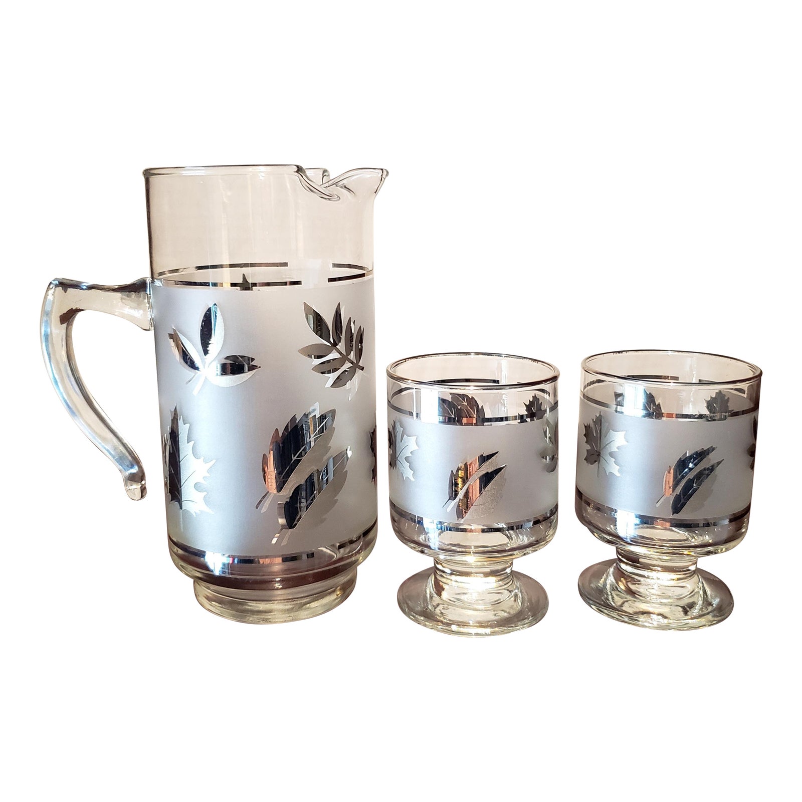 Vintage Libbey Frosted Silver Leaf Pitcher and Cocktail Glasses- Set of ...