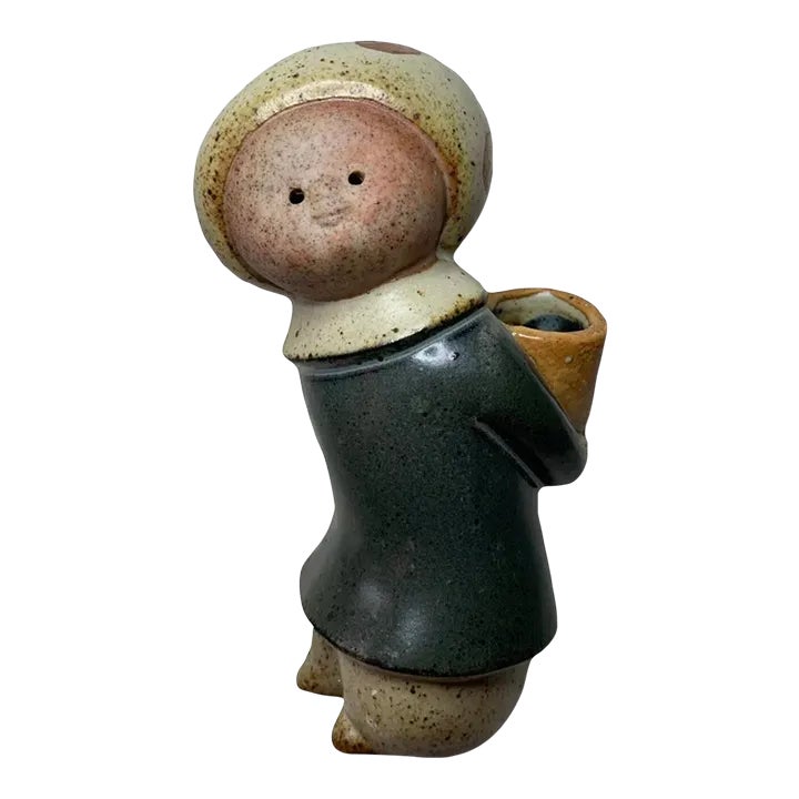 Vintage Uctci Pottery Gempo Figurine Carrying Tiny Bud Vase | Chairish
