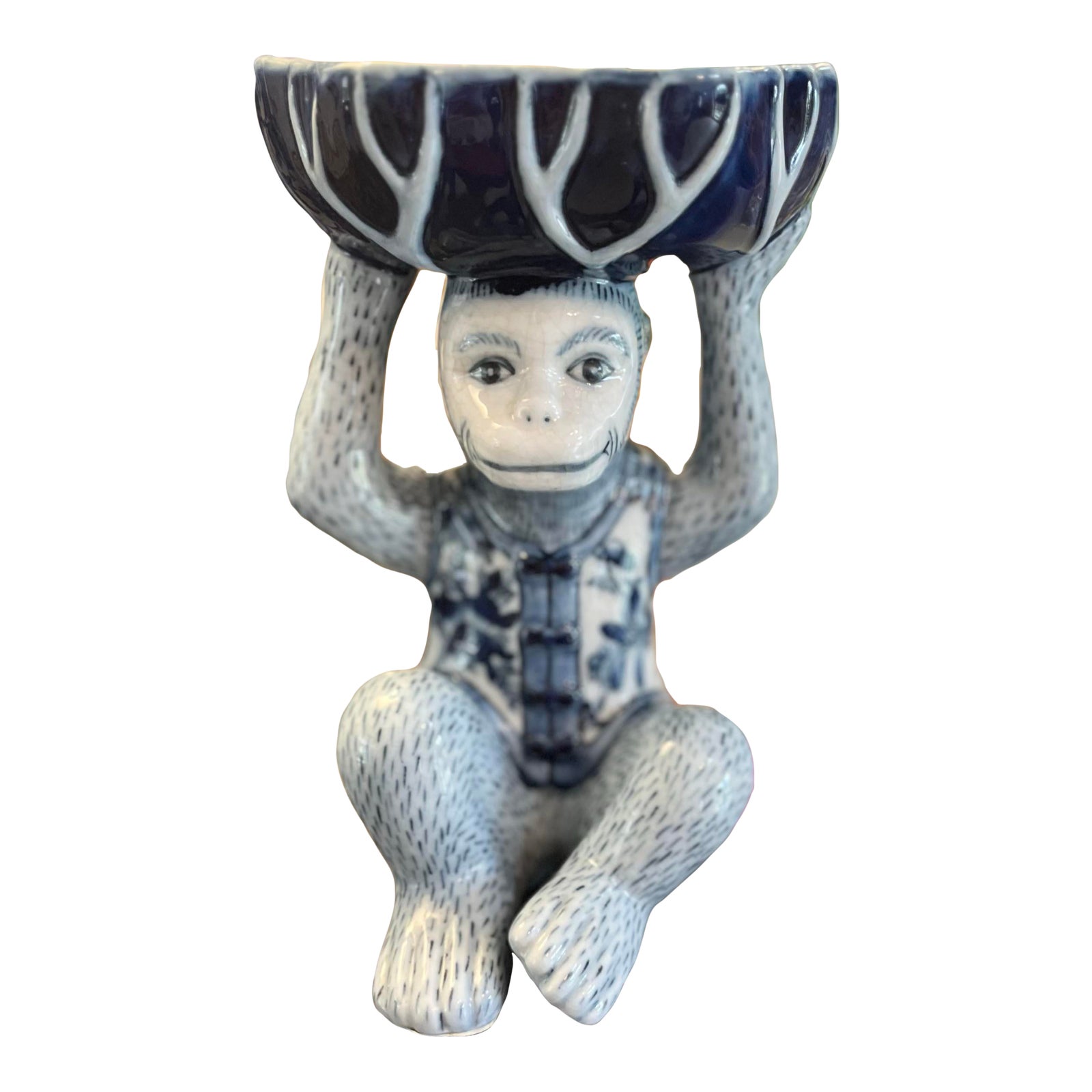 Vintage Blue and White Bok Choy Monkey Dish | Chairish