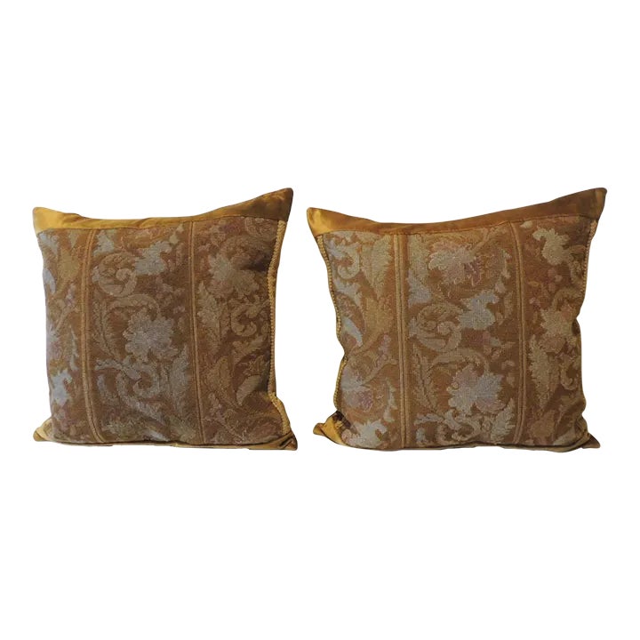Yellow Silk Velvet Tapestry Square Decorative Pillows - Set of 2 | Chairish