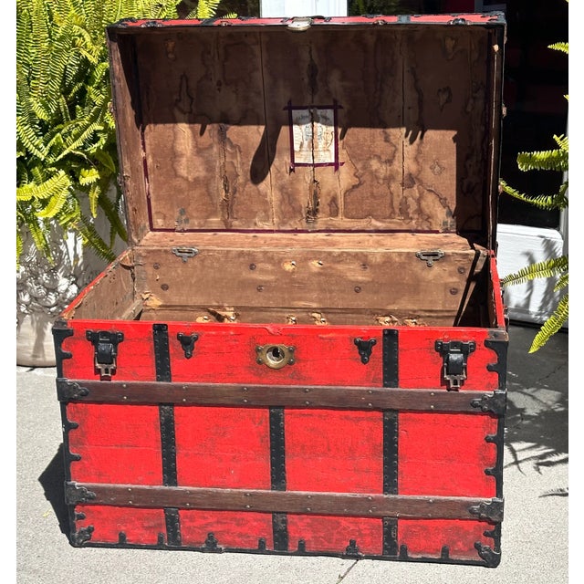 Antique Red C. A. Taylor Chicago Steamer Trunk | Chairish