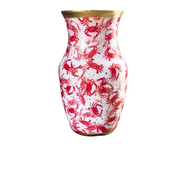 Hand Painted Red Crab Glass Vase | Chairish
