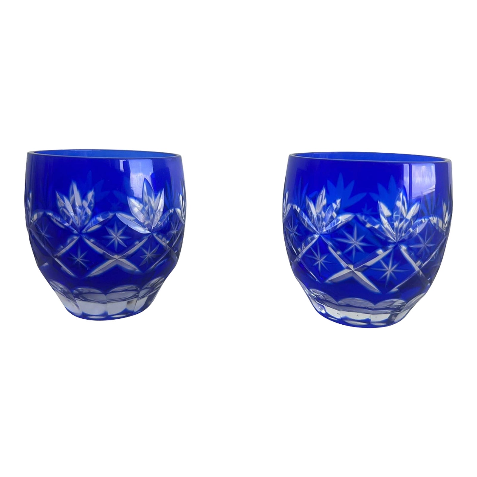 Pair of 1970s Hand Carved Cobalt Blue Japanese Edo Kiriko Shot Glasses ...