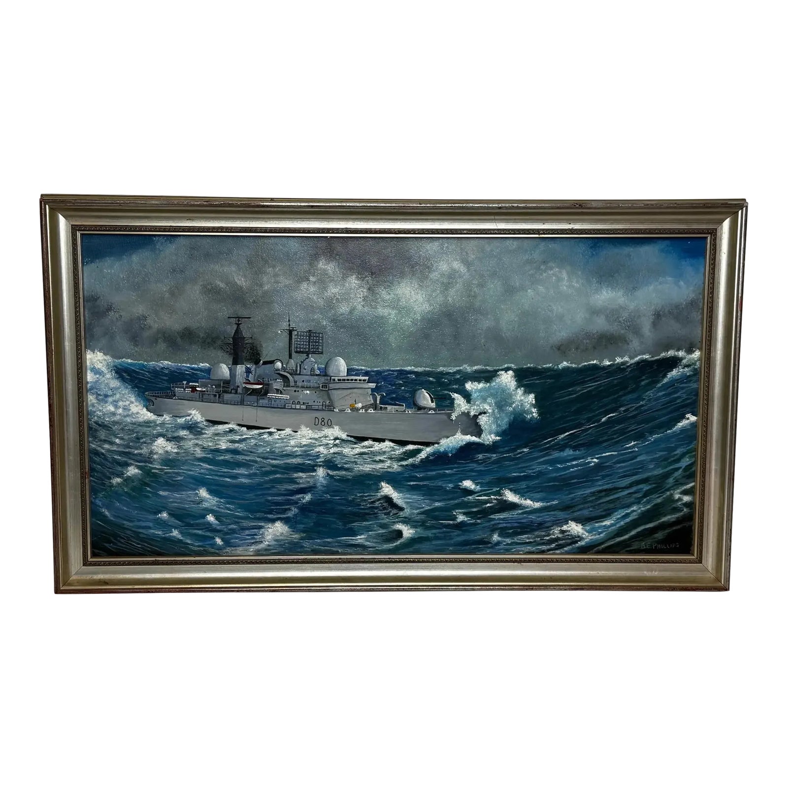 Late 20th Century British Oil Painting HMS Sheffield Under Captain Salt ...