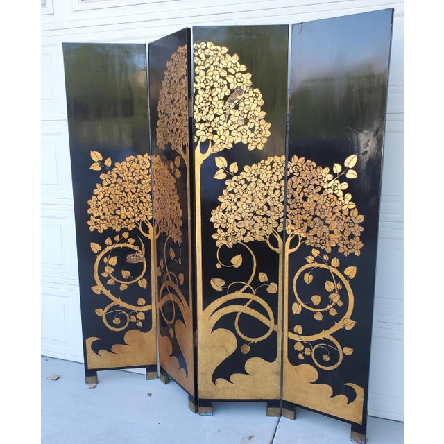 1930s Art Deco Chinese Black Lacquer and Gilt Gold Decorated Four-Panel ...
