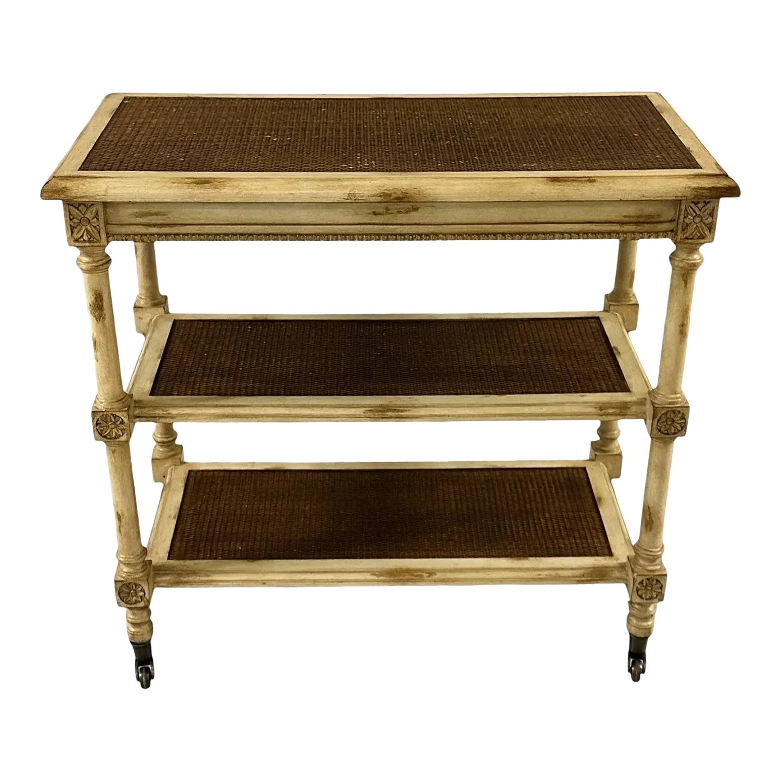 Lillian August Large Three-Tiered Aged French Rattan Side Table | Chairish