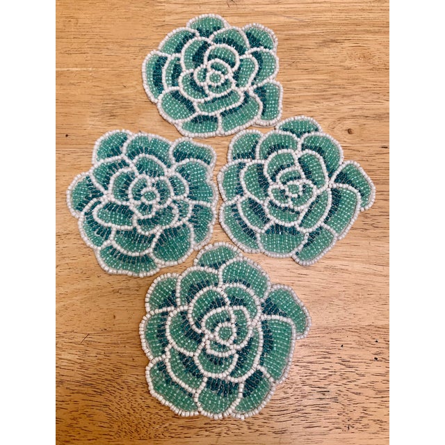 Set of Four Aqua Beaded Floral Coasters | Chairish