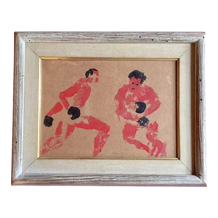 1940s-1950s Mid-Century Modern Two Boxers Fighting Oil Painting on ...