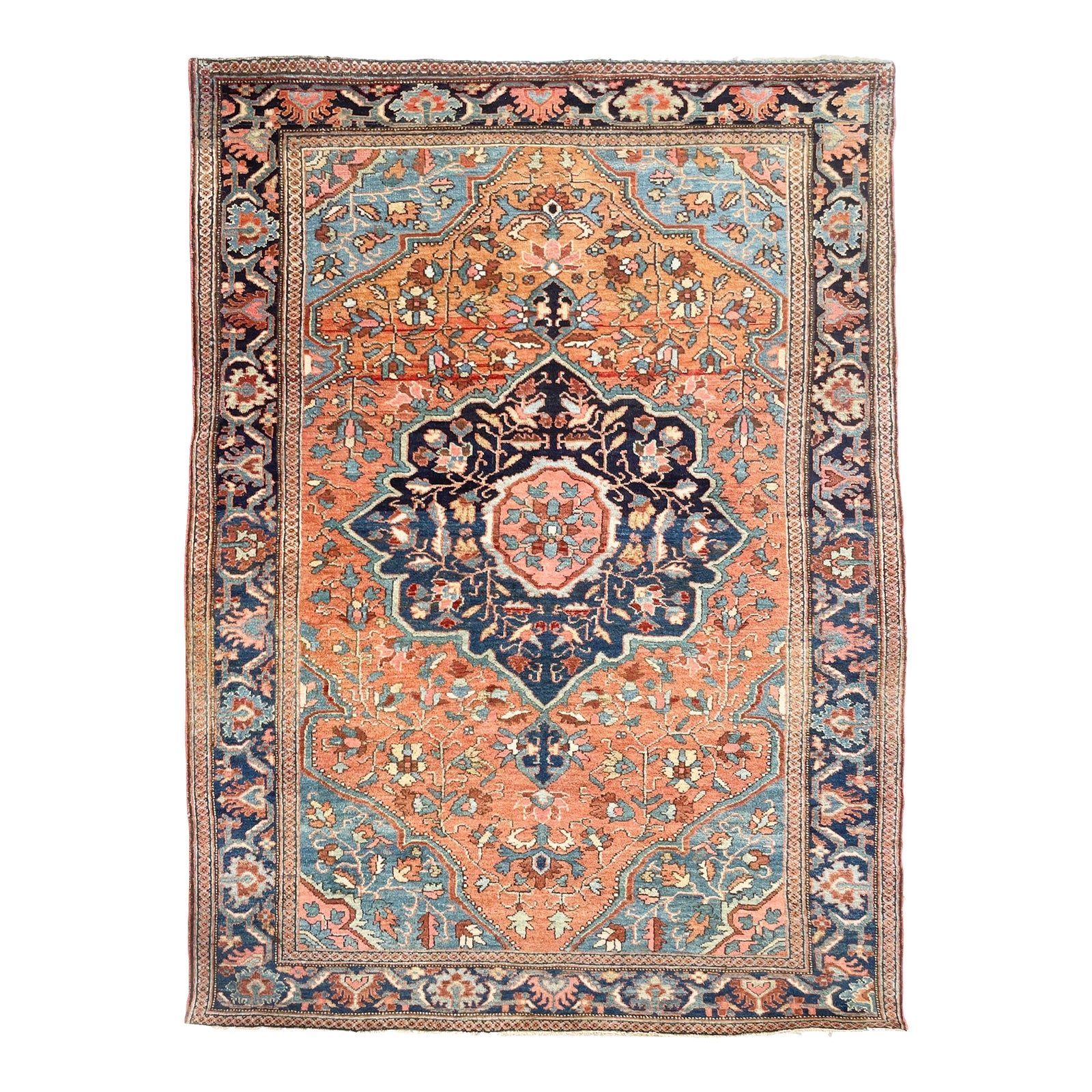 1920-30's Antique Ferahan-Malayer Terracotta, Ice & Greens Rug 4.3 X 6. ...