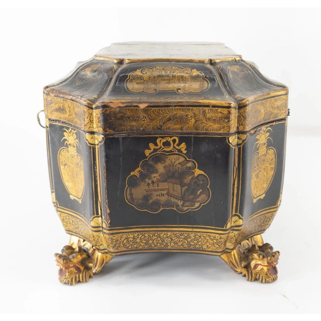 Fine Chinese Black and Gold Lacquered Tea Caddy Box | Chairish