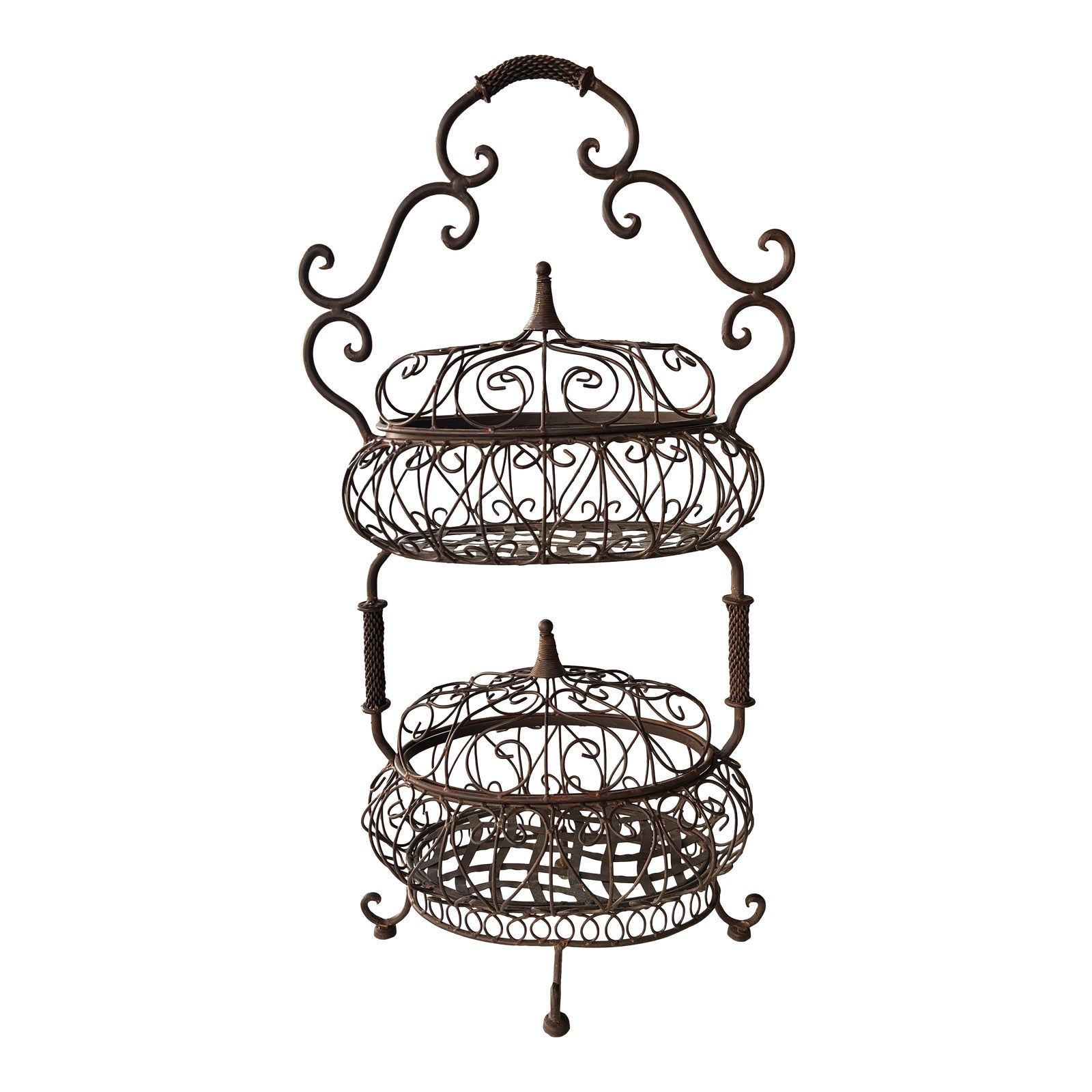 Late 20th Century Vintage Wrought Iron Two Tier Standing Basket With ...