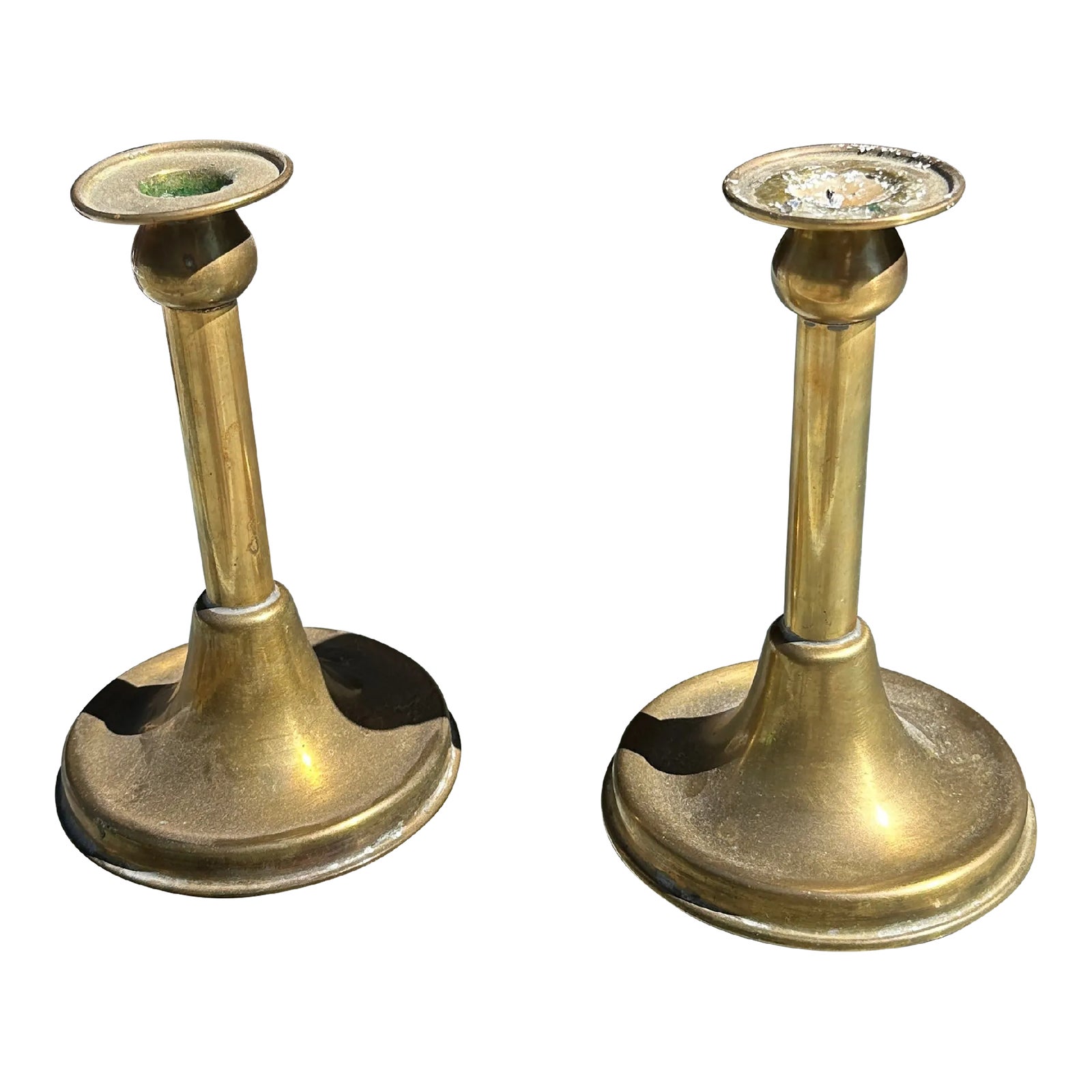 1970s Pair of Short Brass Candle Holders | Chairish