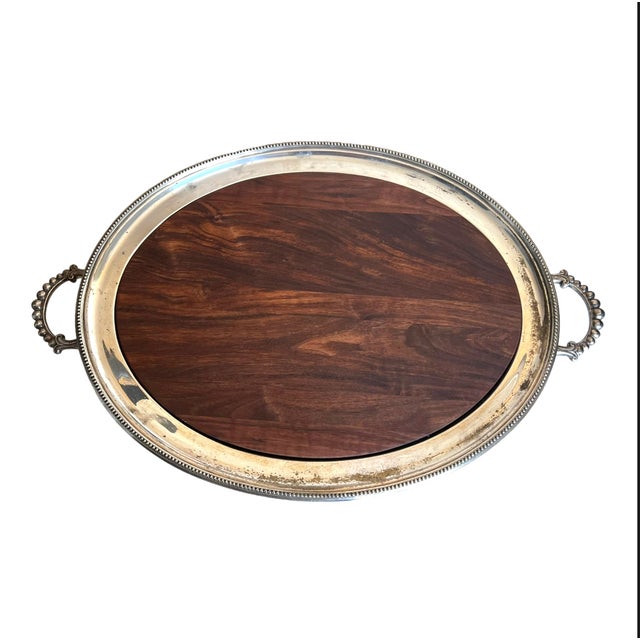 Antique English Silverplate Serving Platter With Walnut Board | Chairish