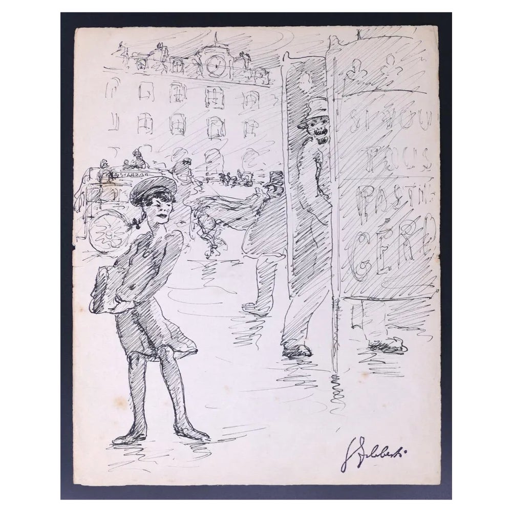 Georges Guido Filibert, Woman with Braid and Satchel, Ink Drawing, Mid ...