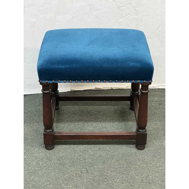 Custom Old World Blue Velvet Stool | Chairish