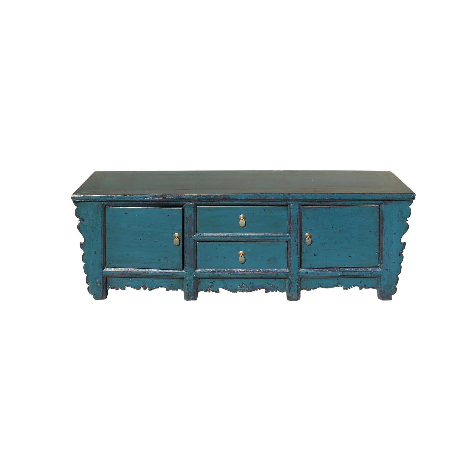 Oriental Distressed Rustic Teal Blue Lacquer Low Console Table Cabinet ...