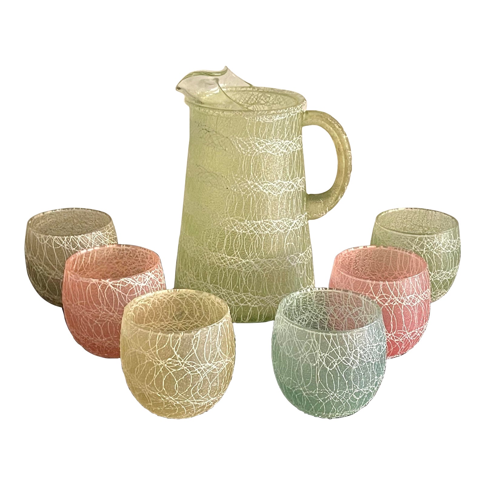 1960s Color Craft Spaghetti String Pitcher & Roly-Poly Glassware - 7 Pc ...