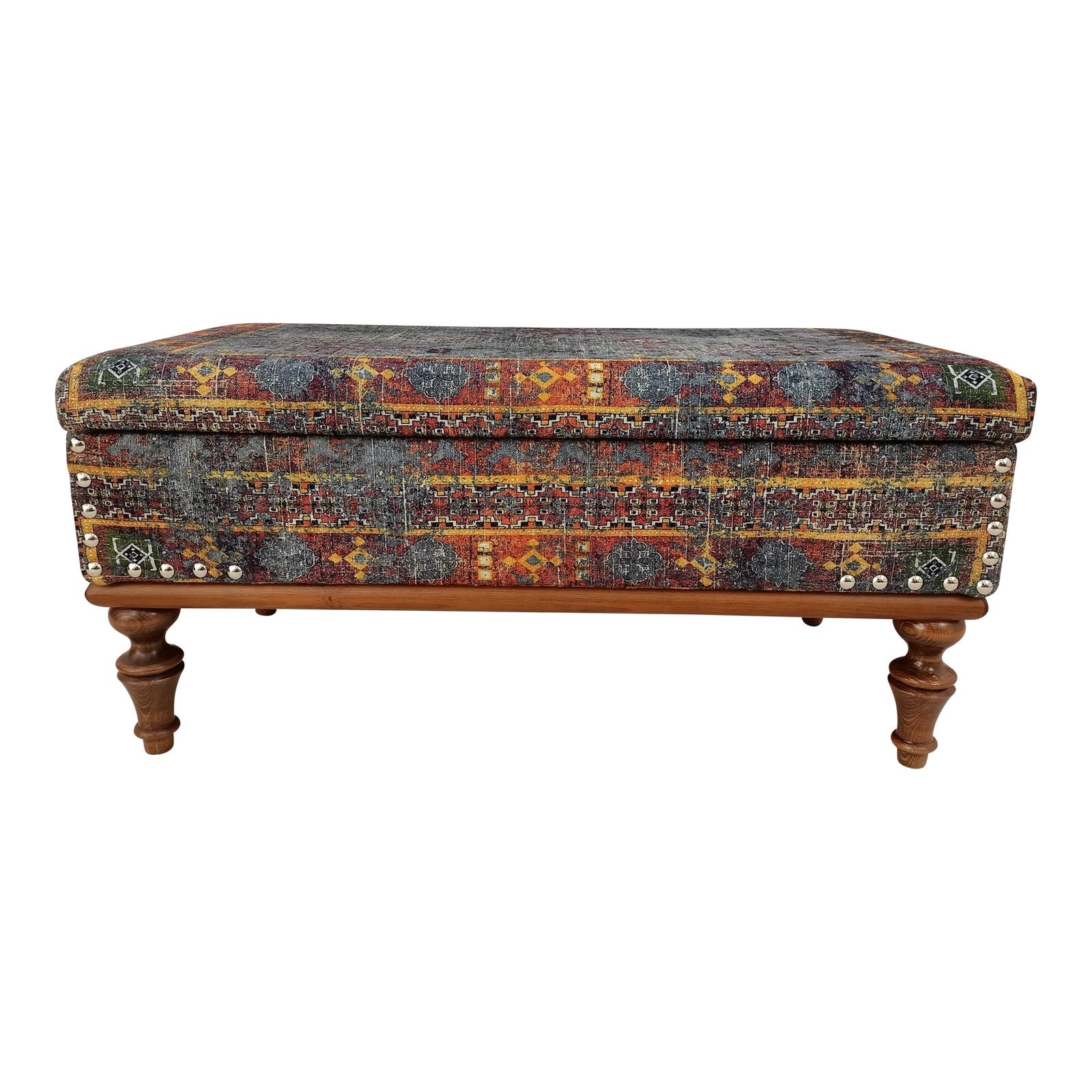 Gray Rug Print Fabric Upholstered Bench With Storage | Chairish