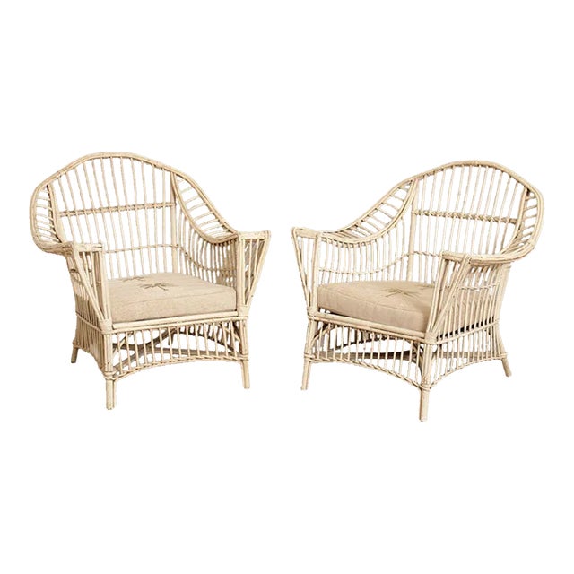 Vintage Coastal White Painted Split Reed Wicker Rattan Patio Lounge ...