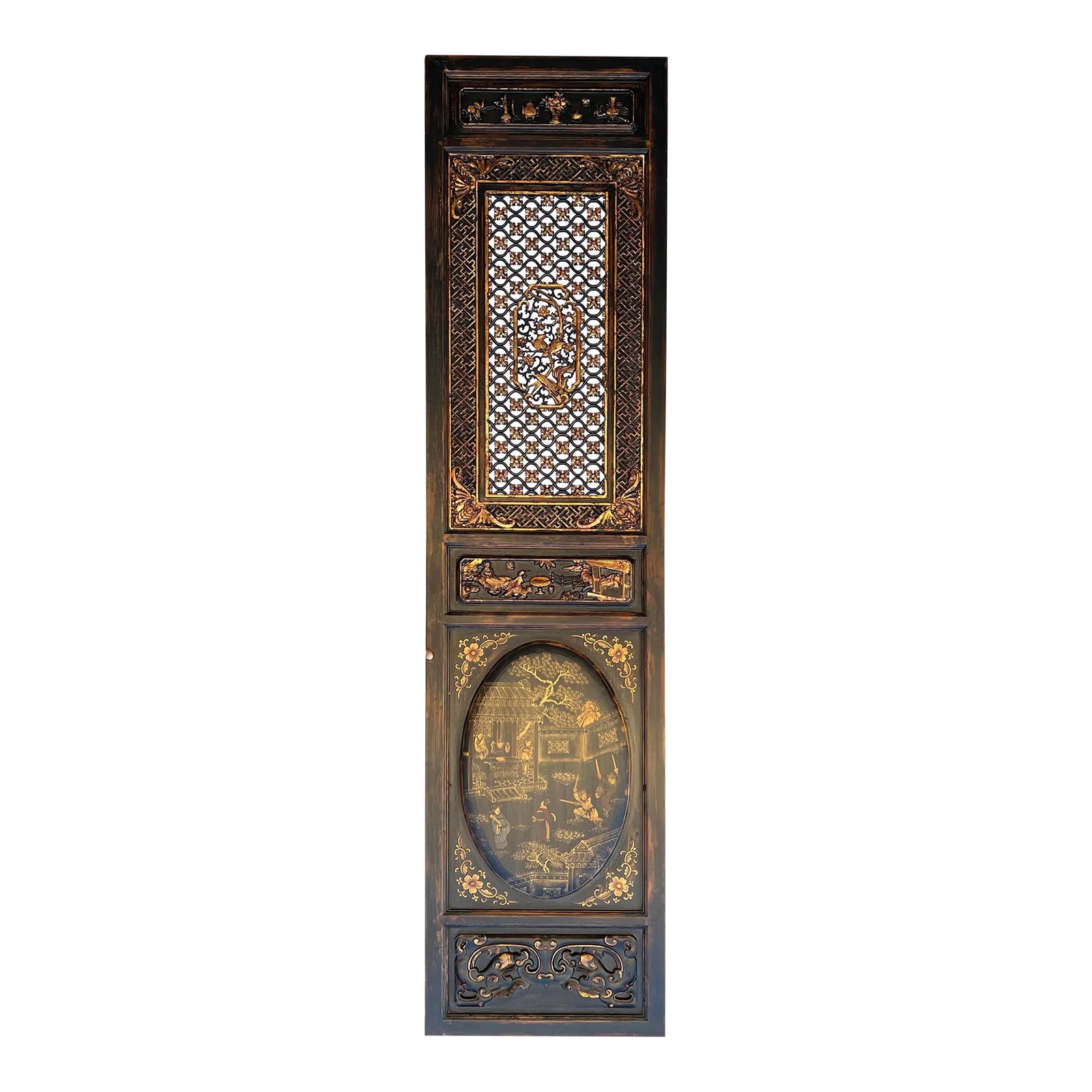 Chinese Flower Birds Scenery Golden Carving Graphic Wood Tall Panel ...