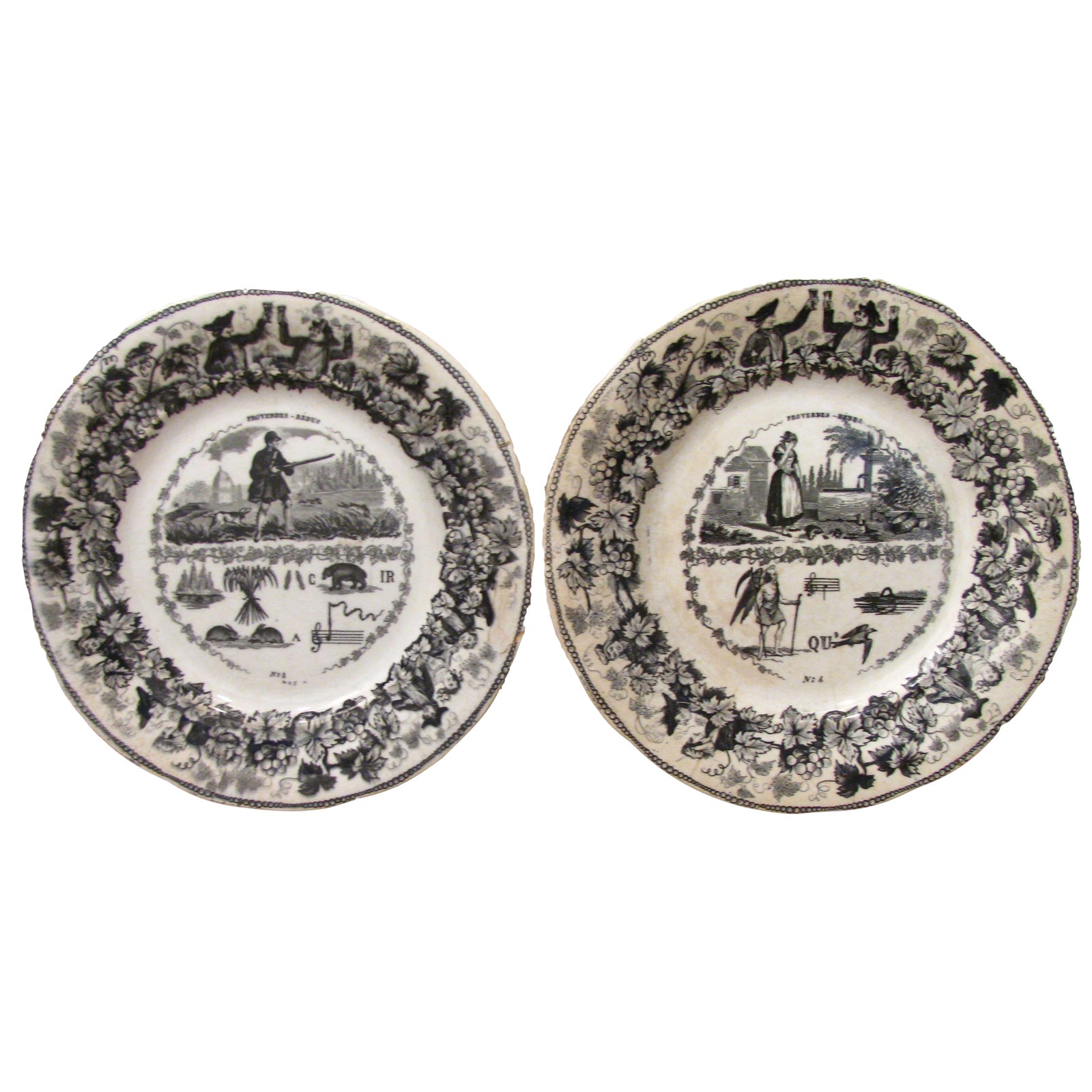 19thC Antique French Transferware Rebus / Puzzle or Riddle Plates, Pair ...