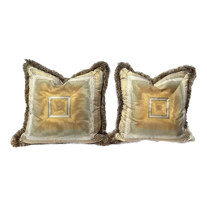 Pair of Moire'd Pillows With Concentric Stitching Loop Brush Fringe ...