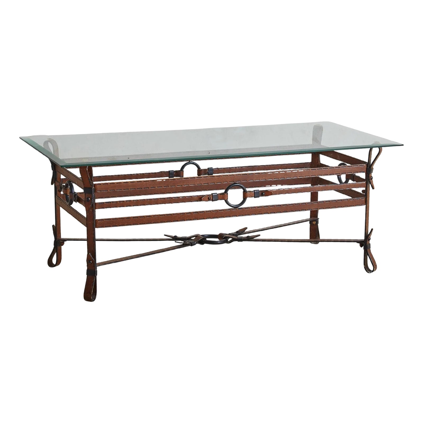 Iron + Leatherette Coffee Table with Glass Top in the Style of Jacques ...