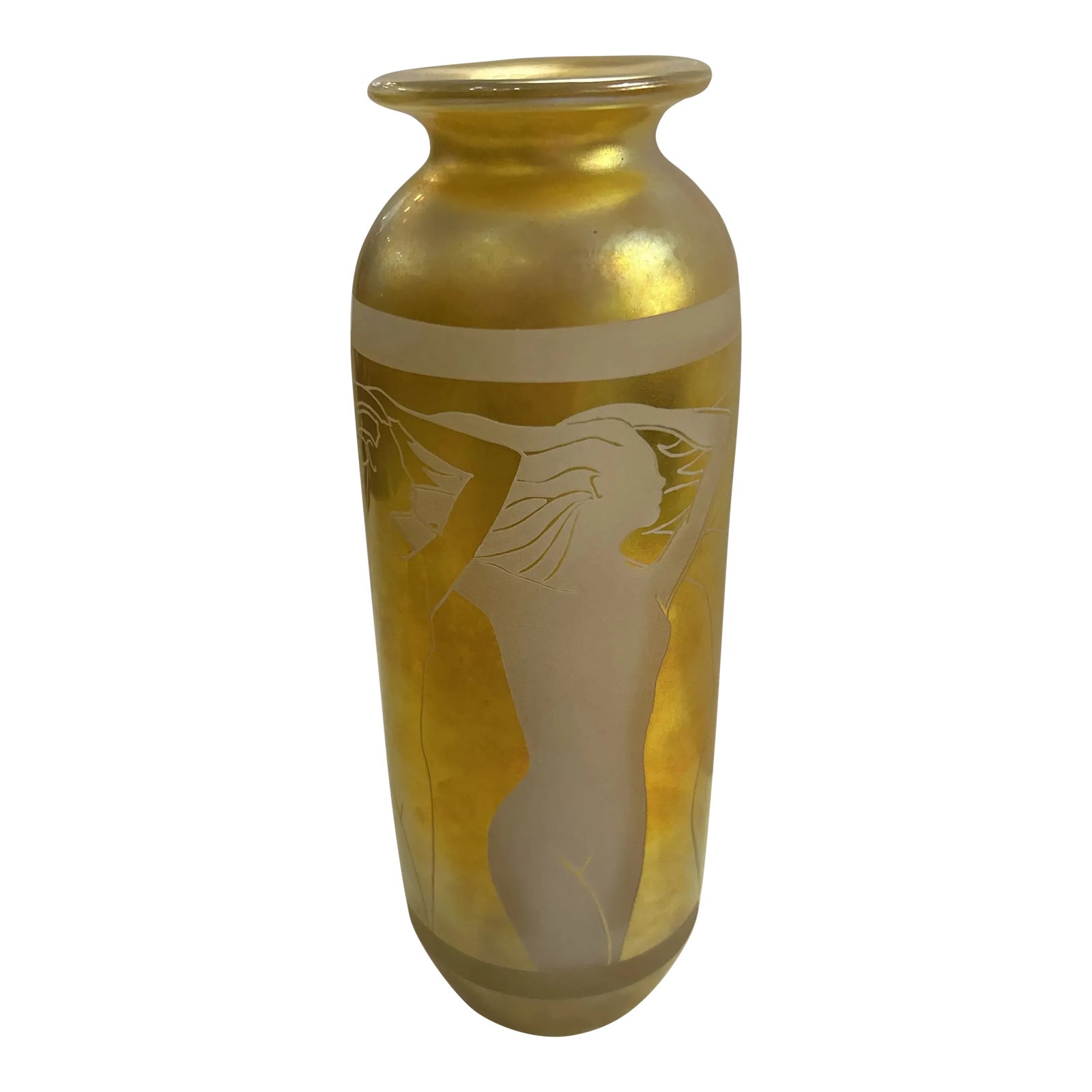 Art Nouveau Golden Colored Etched Glass Vase Signed | Chairish