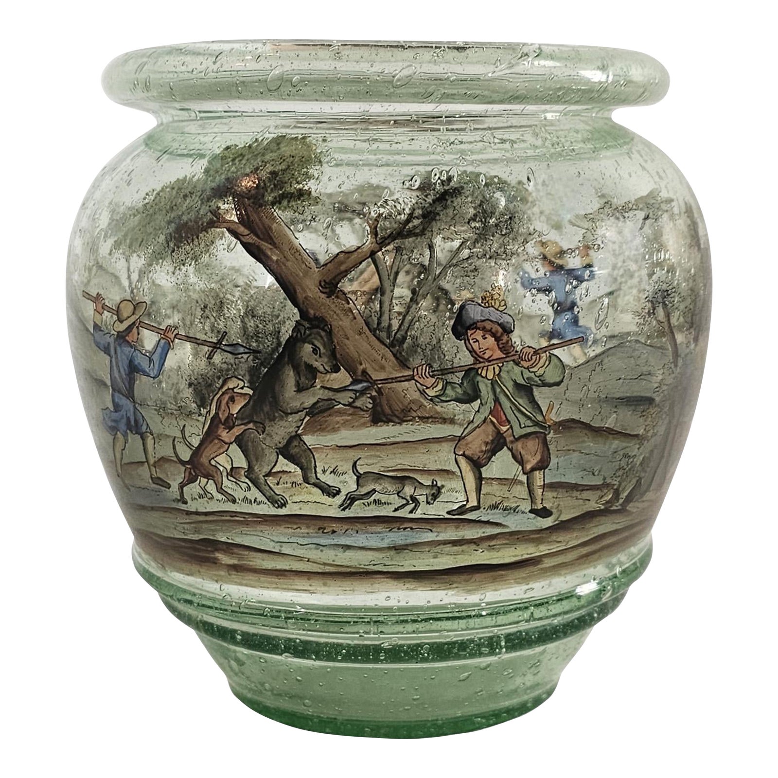 German Soda Glass Vase With Hand Painted Enameled Hunting Scene | Chairish