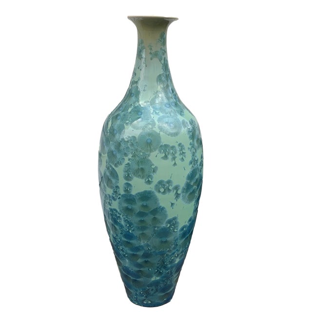 Large Hand Thrown Turquoise and Cyan Crystalline Glazed Vase | Chairish